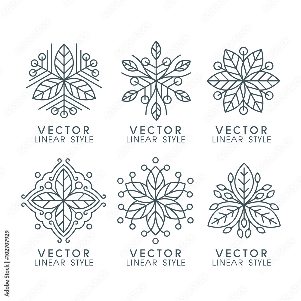 Vector set of linear design elements with leaves , logo design ...