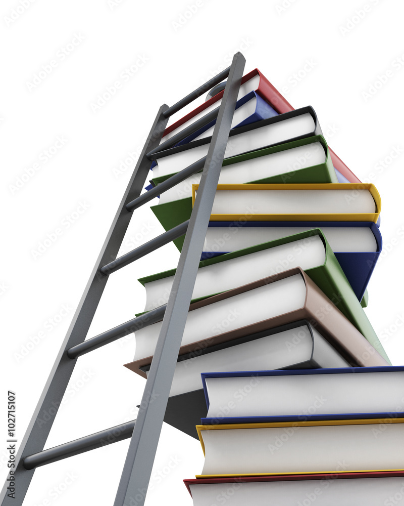 Conceptual 3d model stack of books and a ladder on white backgro Stock ...