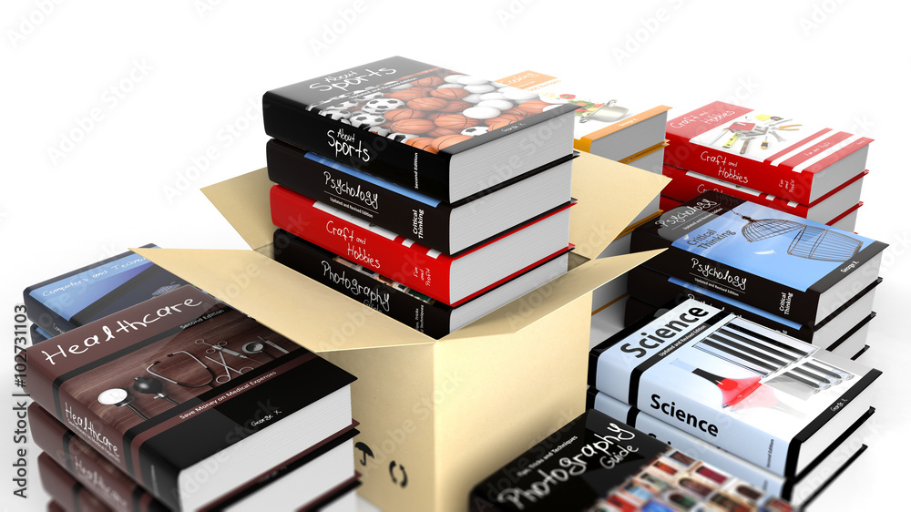 Stack of books with various subjects, isolated on white background ...