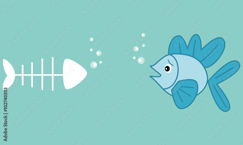cute cartoon little blue fish and fish bone funny humor concept vector ...