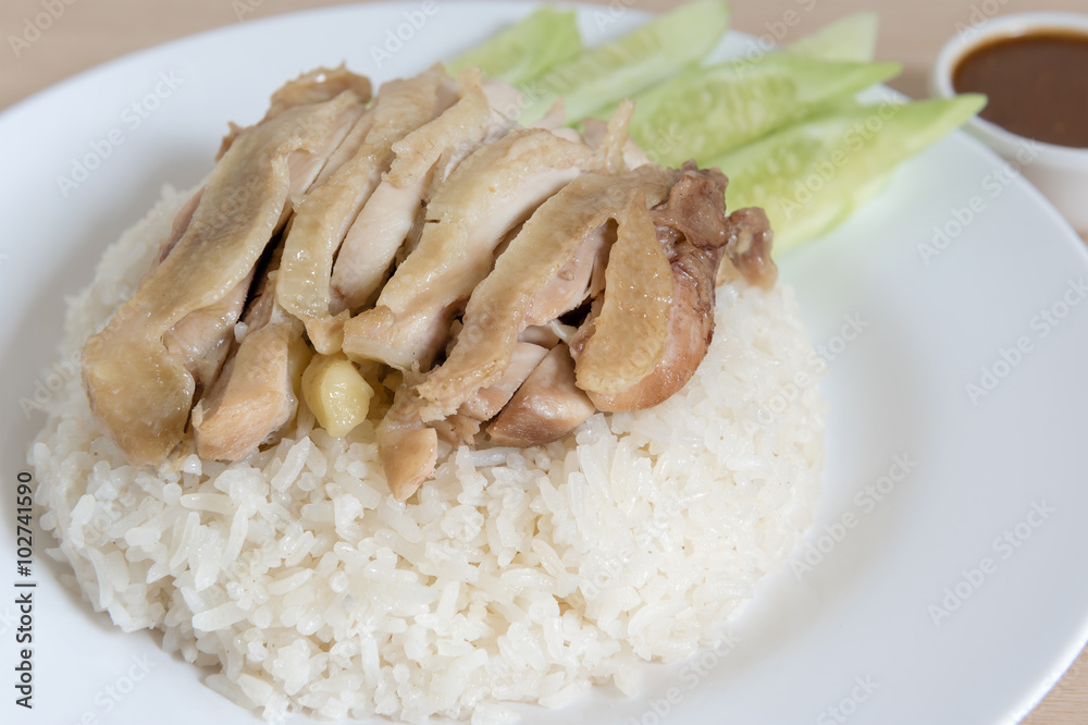 Thai food gourmet steamed chicken with rice , khao mun kai on wood ...