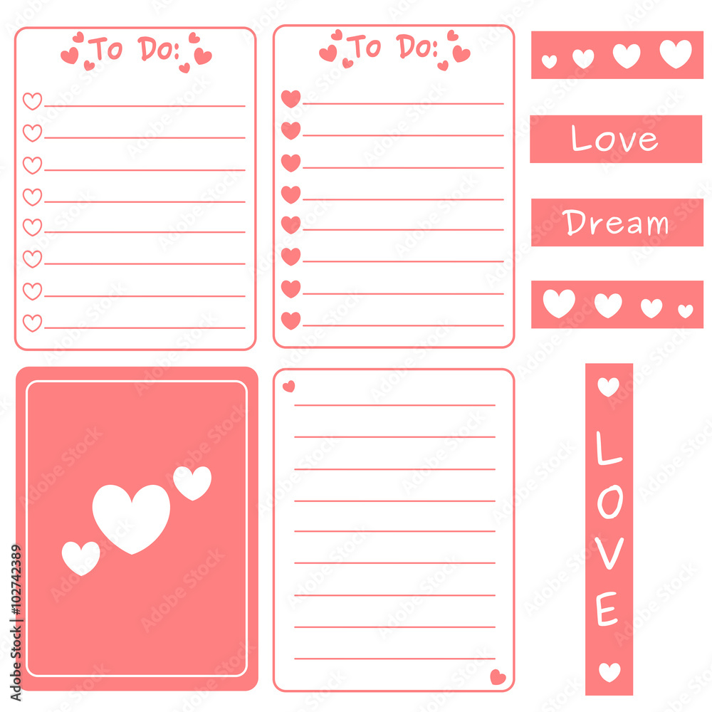 cute pink vector set of printable template for cards, notes, journal ...