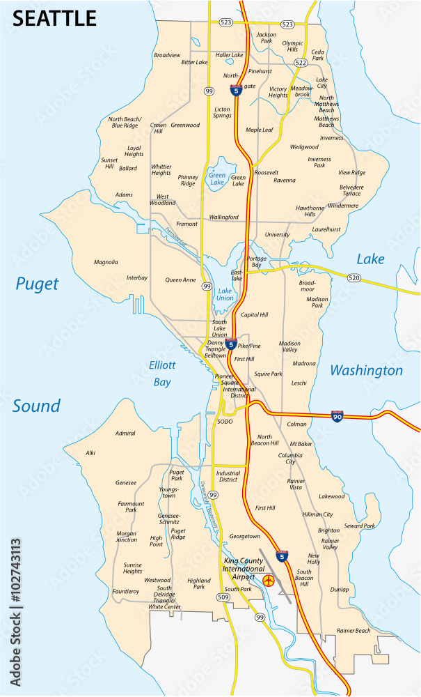 seattle road and neighborhood map Stock Vector | Adobe Stock