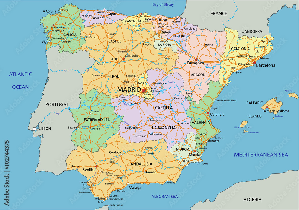 Poster Spain - Highly detailed editable political map with labeling ...