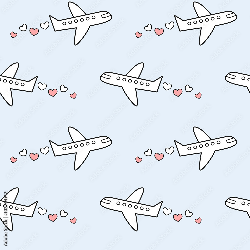 cute lovely and romantic airplane with hearts in the sky seamless ...