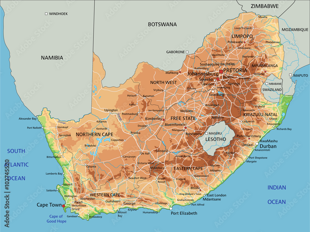 High detailed South Africa physical map with labeling. Stock Vector ...