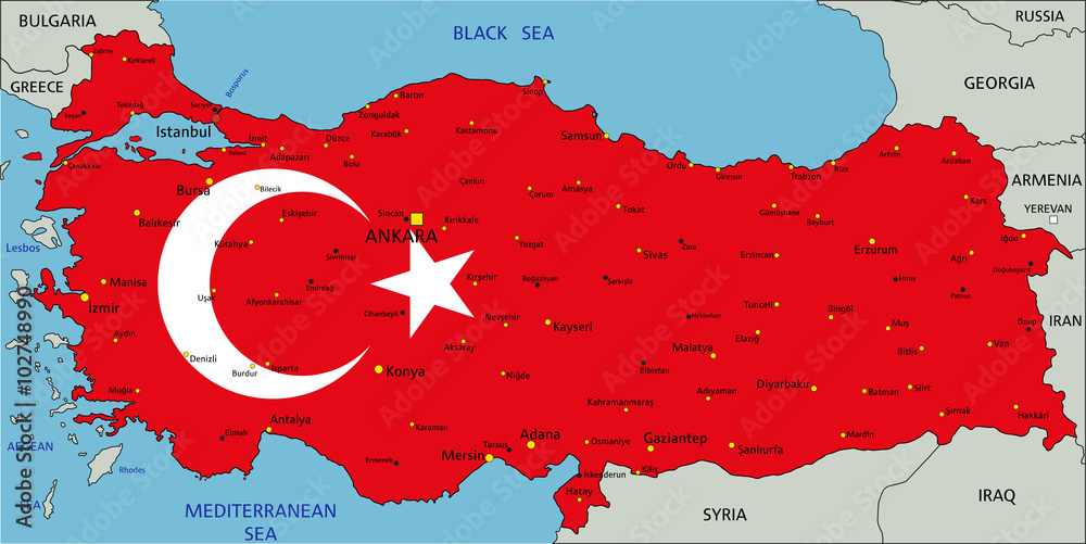 Turkey highly detailed political map with national flag. Stock Vector ...