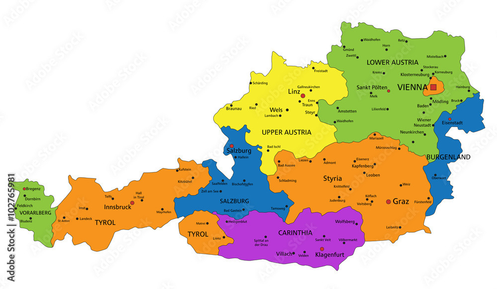 Colorful Austria political map with clearly labeled, separated layers ...