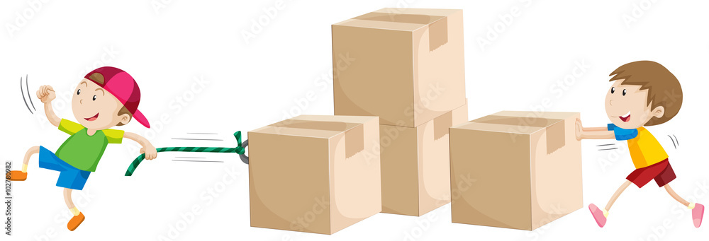Boys pulling and pushing boxes Stock Vector | Adobe Stock