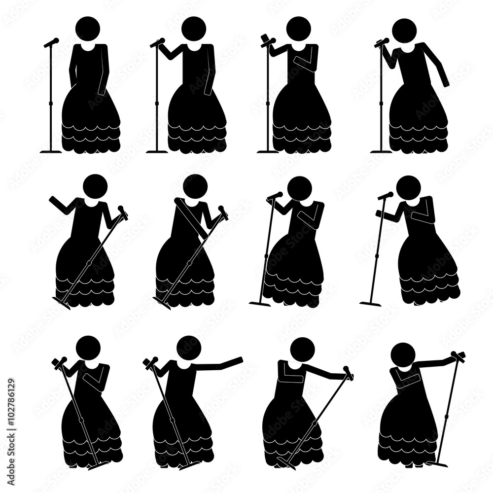 Female singer with various move in gown icon symbol vector info graphic ...