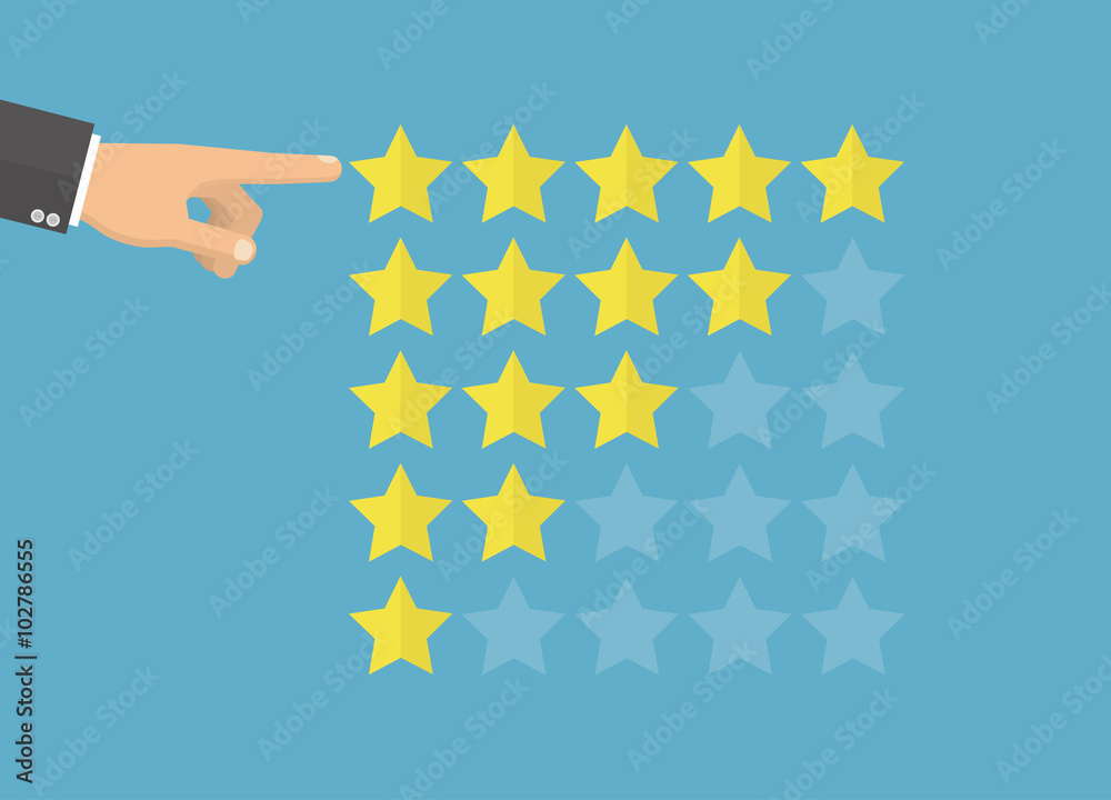 Rate stars with a hand pointing to five star rating. Flat style Stock ...
