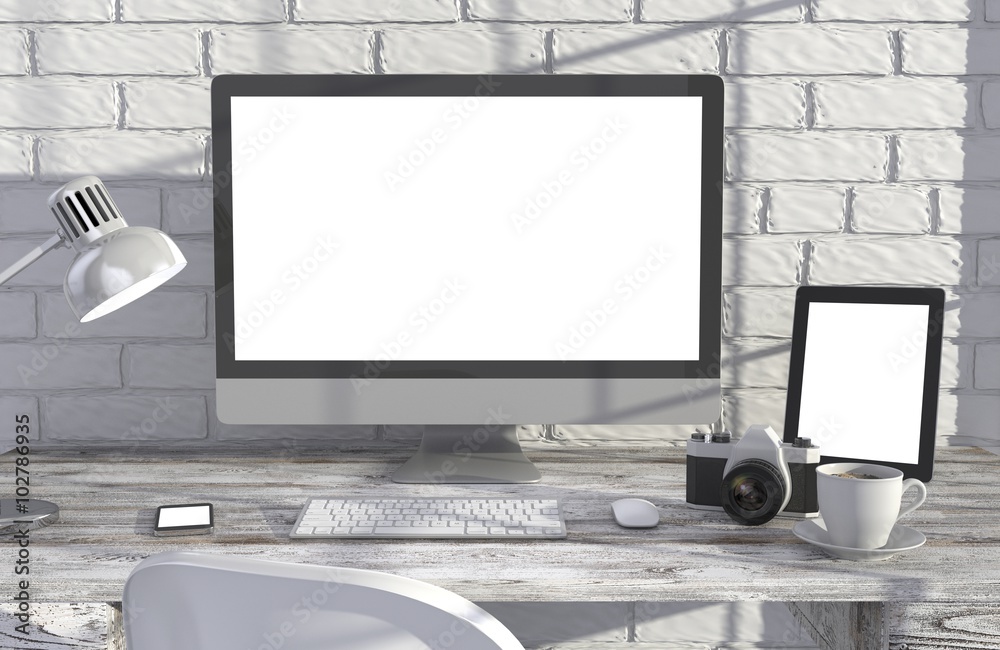 3D illustration PC screen on table in office, Workspace Stock ...