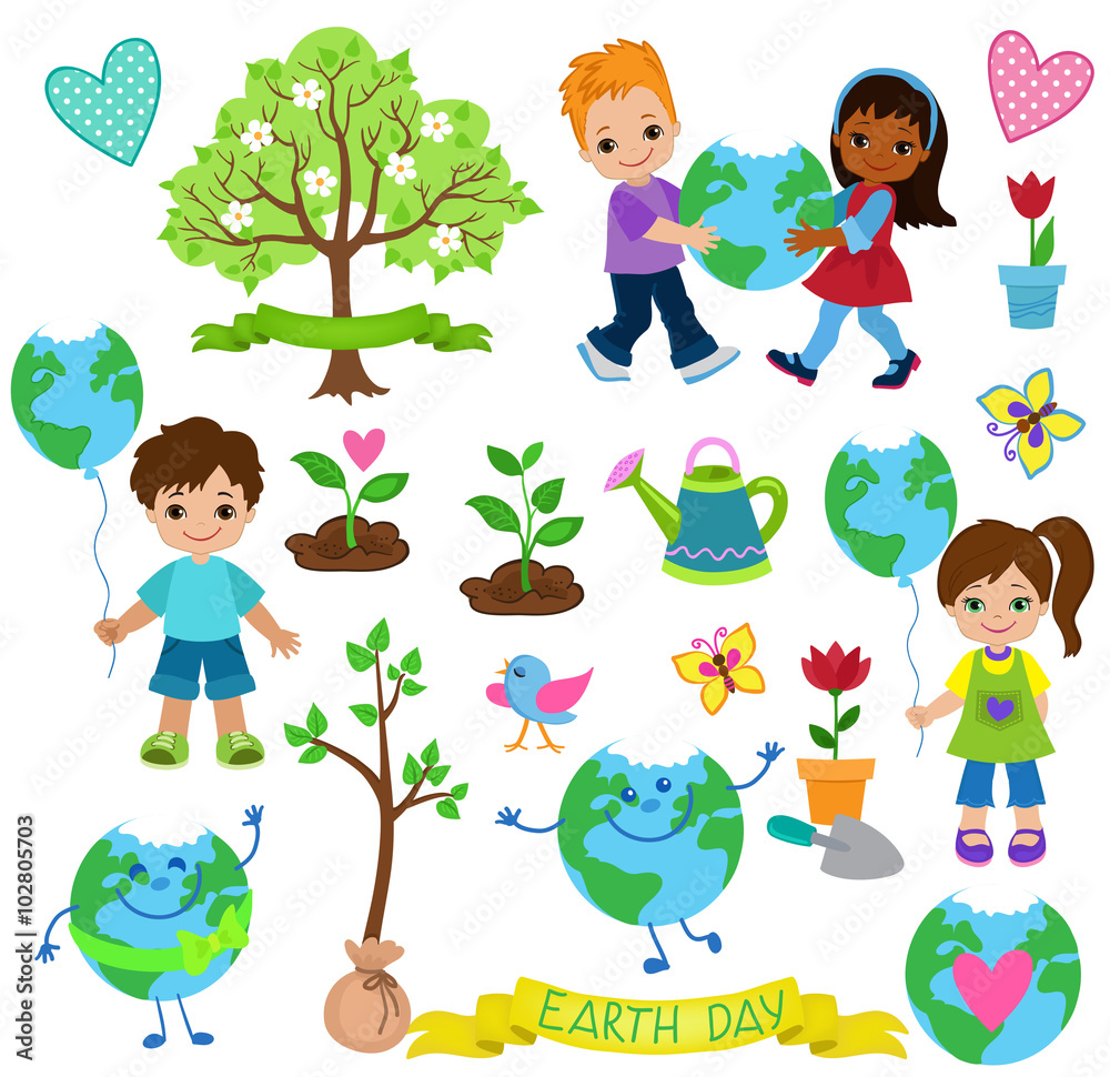 Happy children celebrate Earth Day.Ecology elements.Vector illustration ...