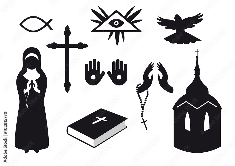 Black and white Christian icons. Set of Christian symbols. Traditional ...