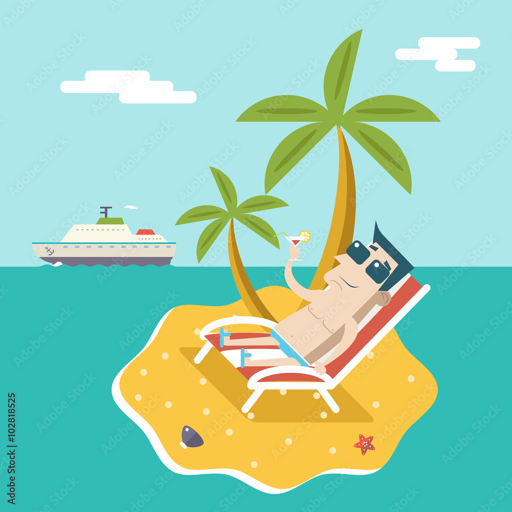 Cartoon Man Character Summer Travel Vacation Sea Island Mobile Ocean ...