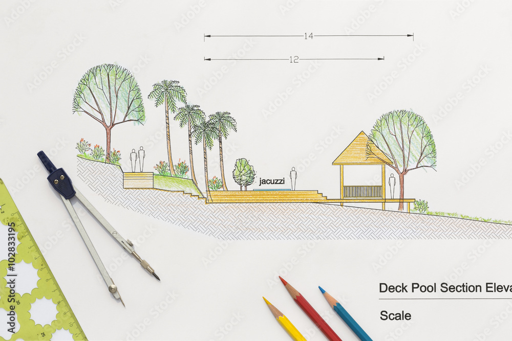 Architecture design Deck pool section elevation for luxury home. Stock ...