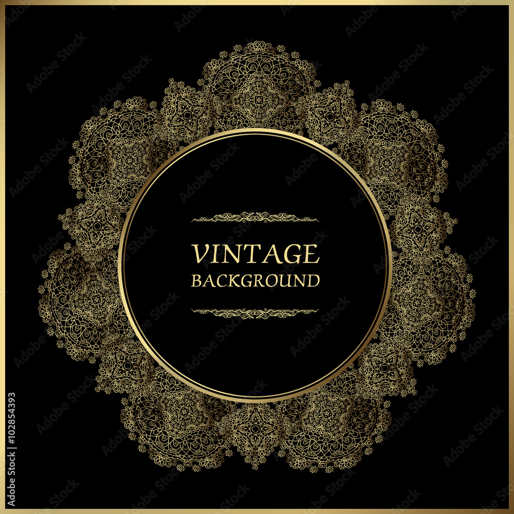 Vintage background, ornamental round frame, vector gold label template ...