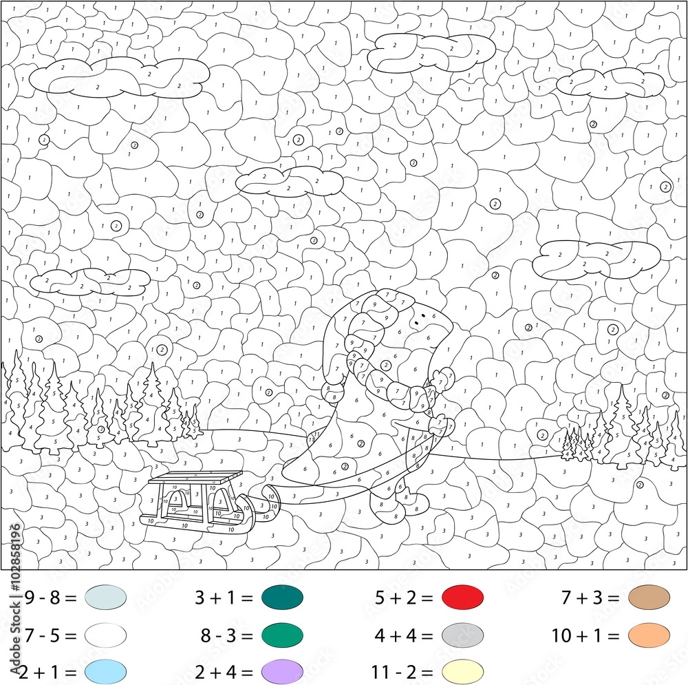 Purple dragon with sled in the winter forest. Color by number ed Stock ...