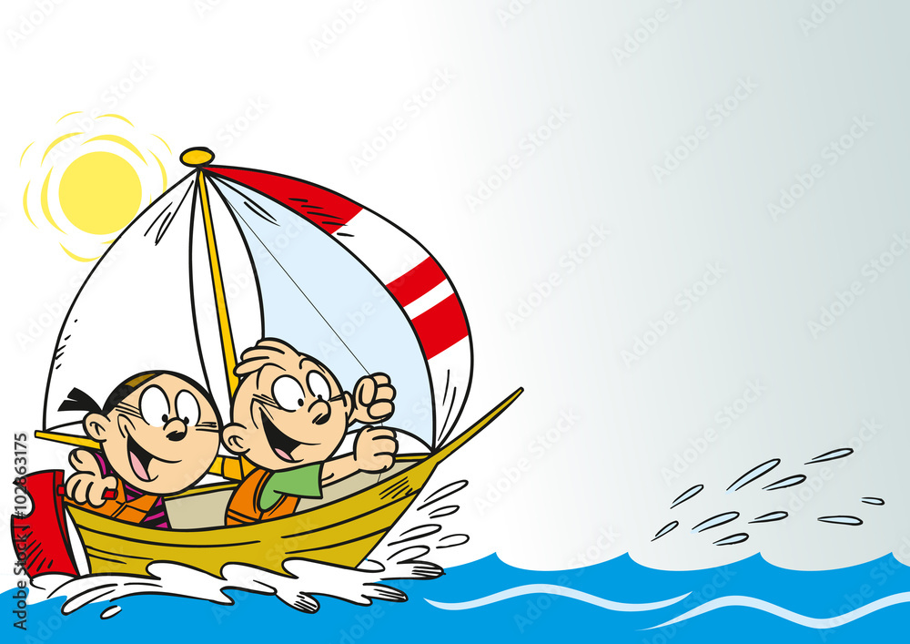 The illustration shows cartoon boy and a girl in a boat, which floats ...