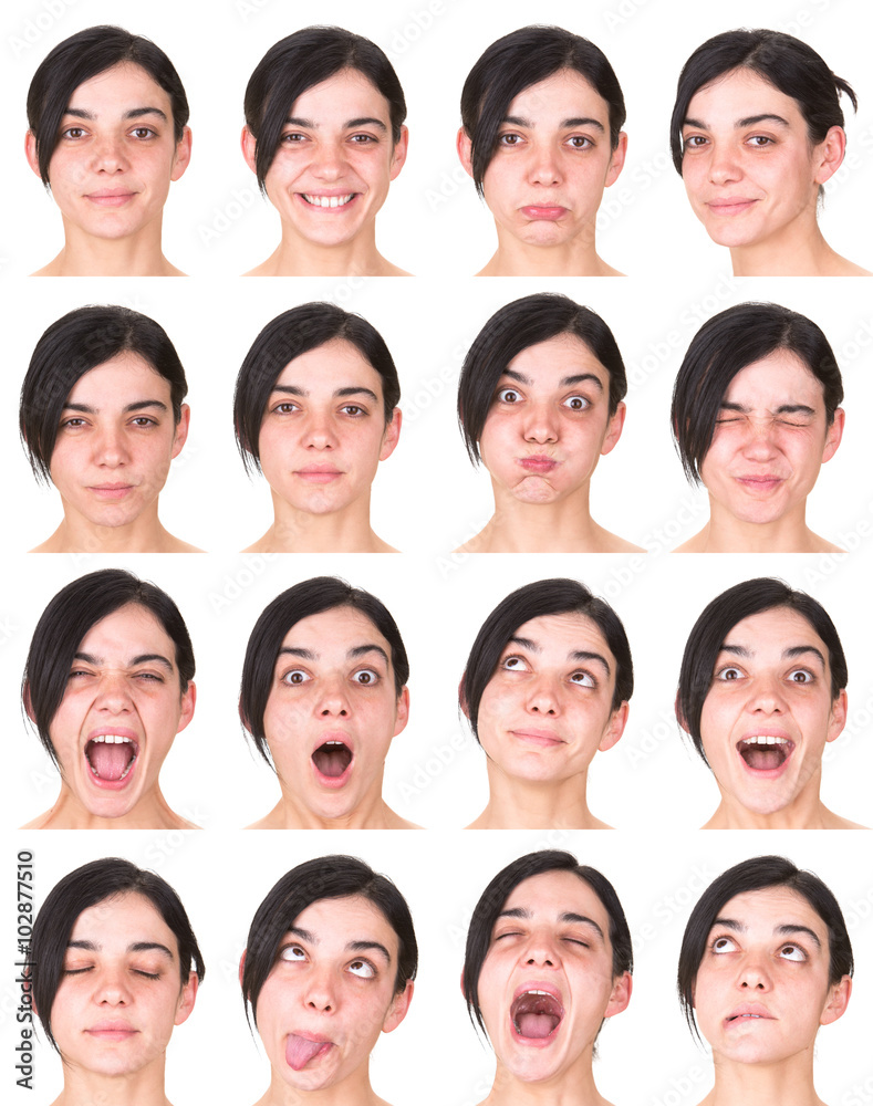 black hair adult caucasian woman collection set of face expression like ...