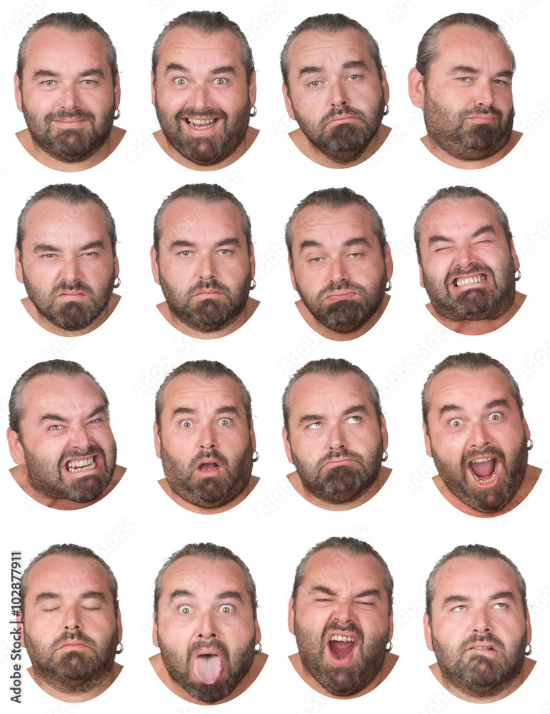 gray hair and beard fat caucasian man collection set of face expression ...