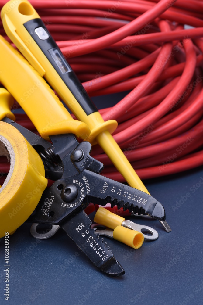 Fotografia do Stock: Tools for electrician and cables on metal surface ...