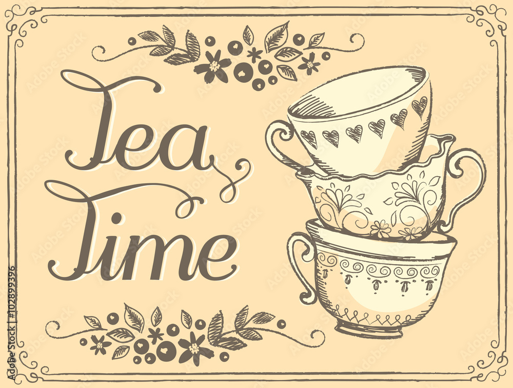 Illustration Tea Time with cute cups. Freehand drawing. Sketch Stock ...