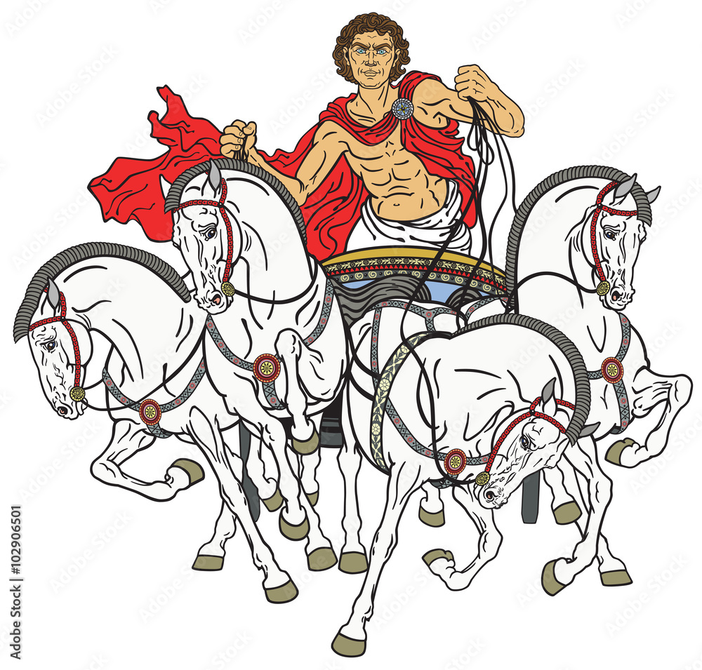 charioteer in a roman quadriga chariot pulled by four horses harnessed ...
