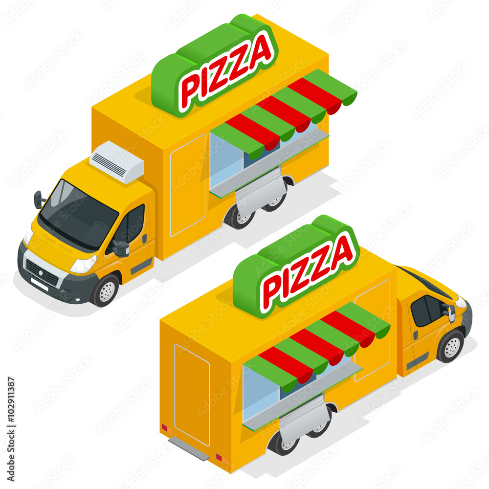 Fast Pizza Delivery Car isolated on white background. Delivery van with ...