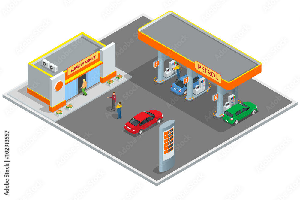 Gas station, petrol station. Refilling, shopping service. Refill ...