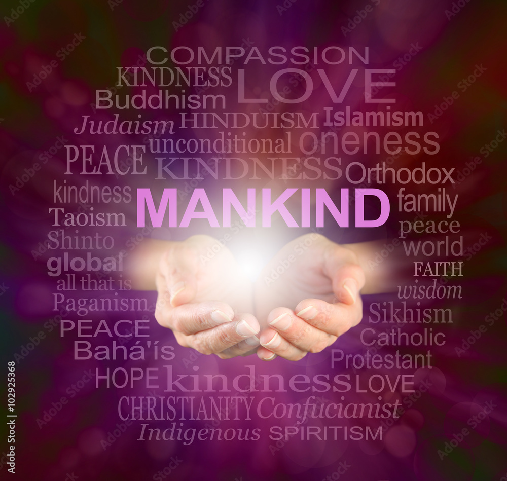 Mankind World Religions Word cloud - Female cupped hands with a ball of ...