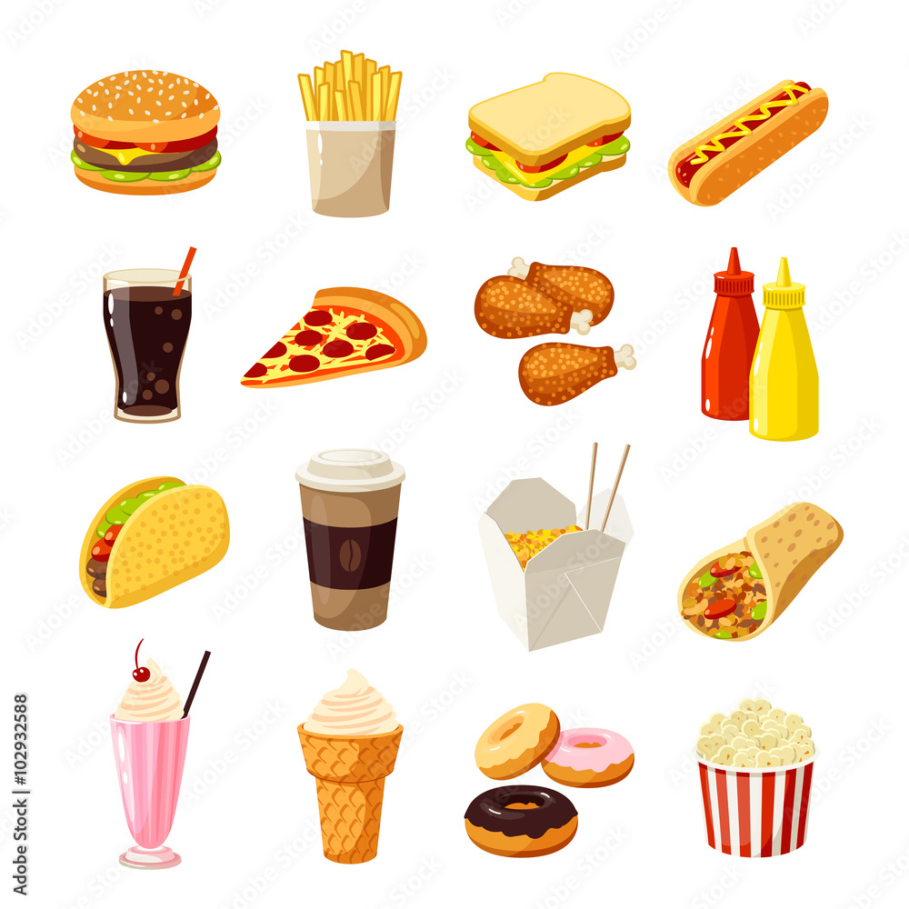 Set of cartoon fast food. Vector illustration, eps10, isolated on white ...