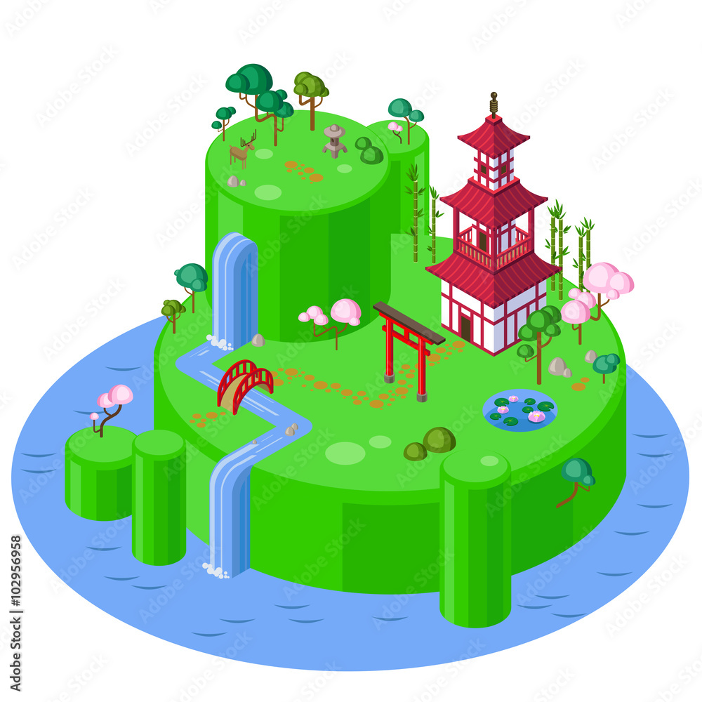 Game design concept of little japanese island with shinto temple ...