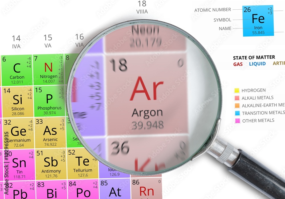 Argon - Element of Mendeleev Periodic table magnified with magnifying ...