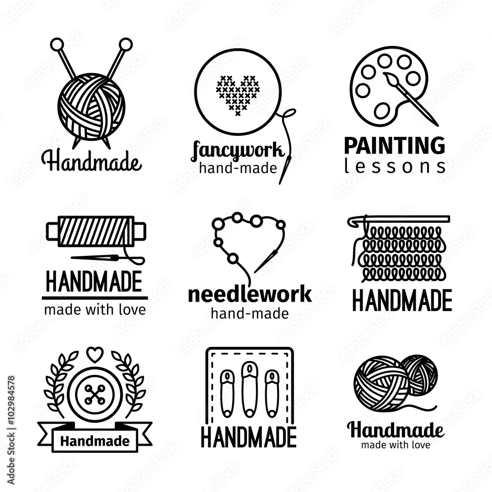 Handmade black thin line icons on white background. Handmade workshop ...
