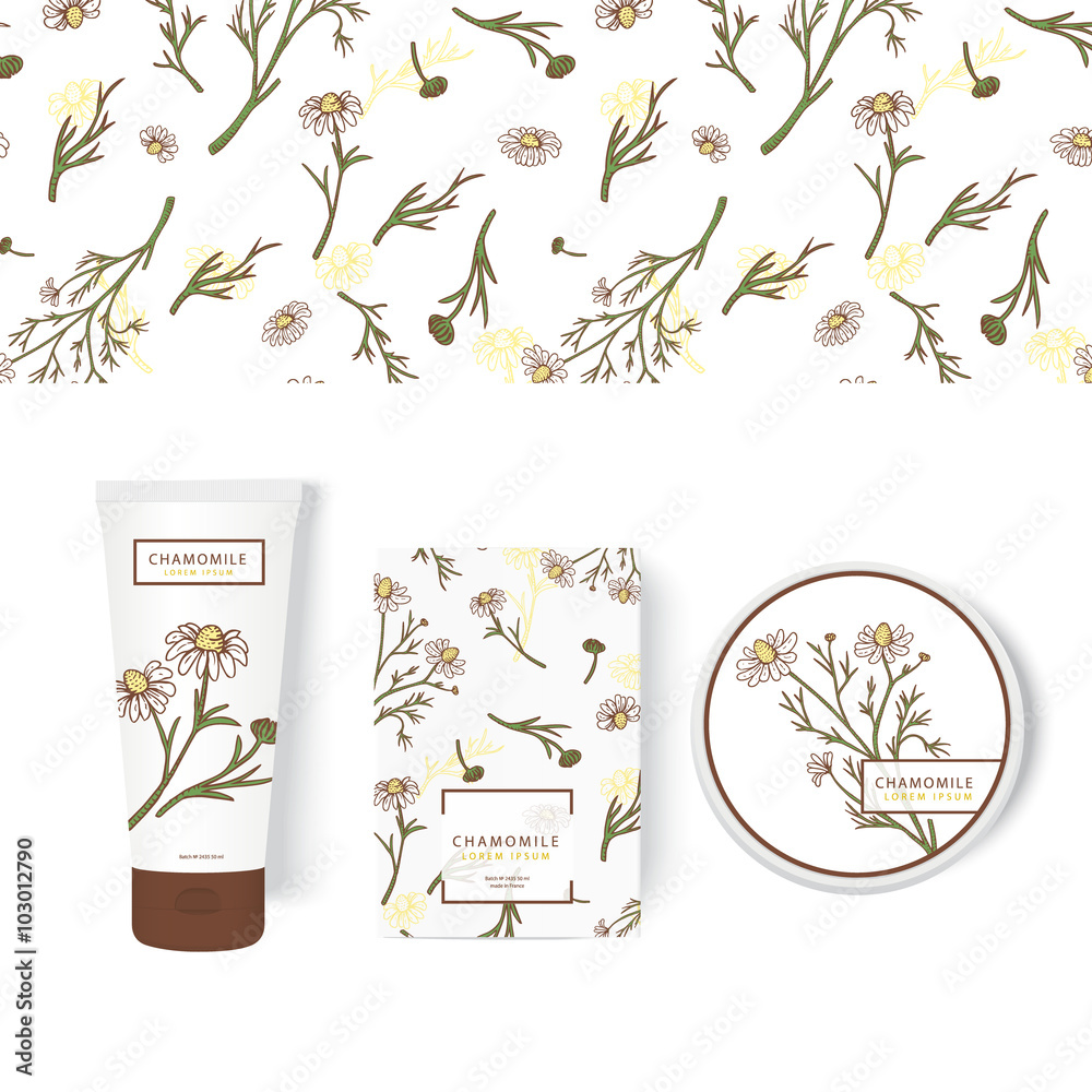 Vector packing concept with chamomile. Herbal labels for the jar, tube ...