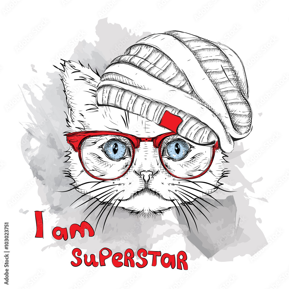 Hand draw cat in a hat. Vector illustration Stock Vector | Adobe Stock