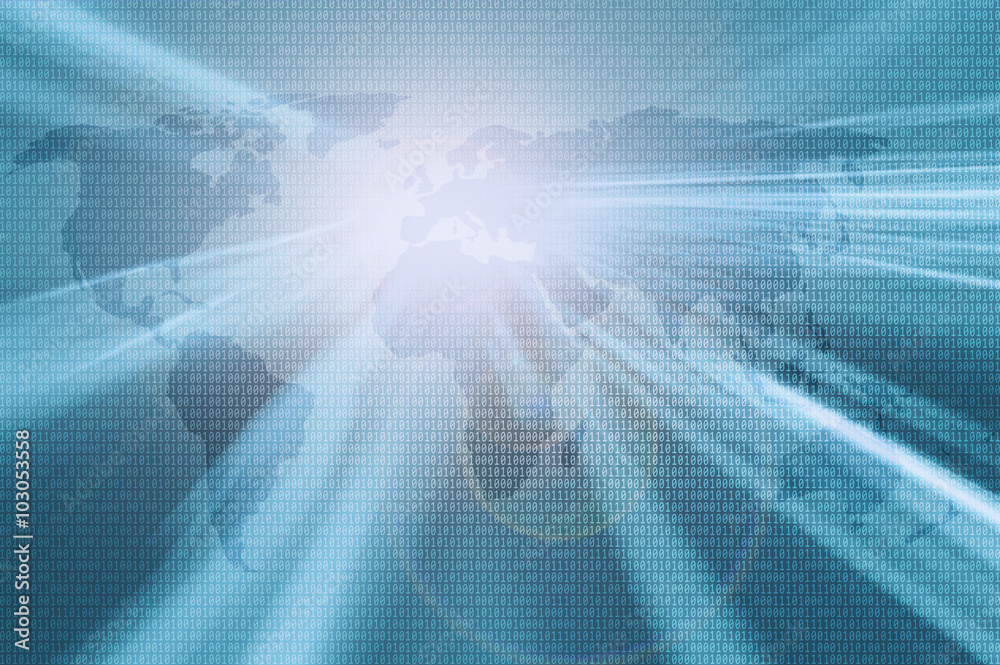 Shiny bright blurred abstract world map with binary numbers and lens flare background ...