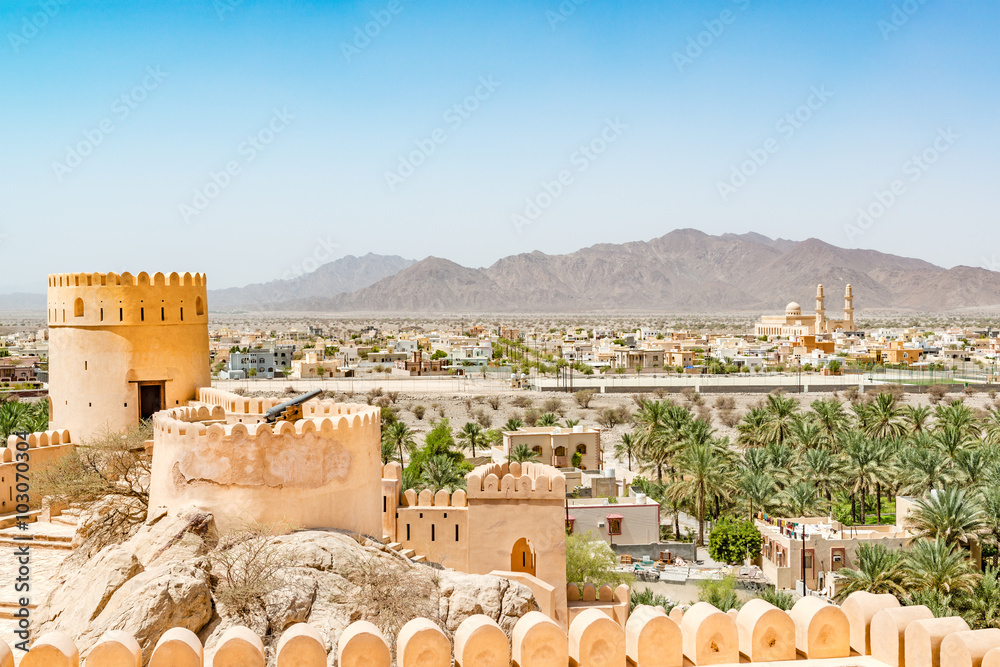 Nakhal Fort in Al Batinah Region of Oman. It is located about 120 km to ...