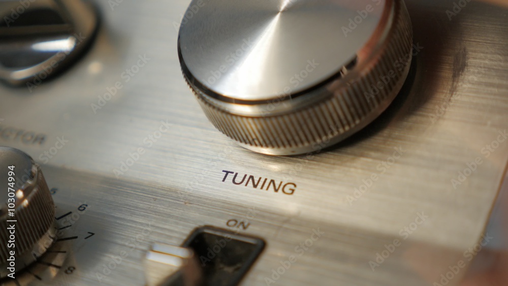 FM radio station tuning on receiver by rotating tuner dial close-up 4K ...