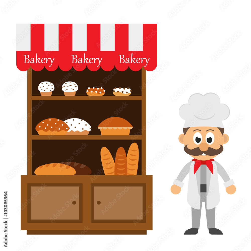 vintage bakery shelf and chef cartoon Stock Vector | Adobe Stock