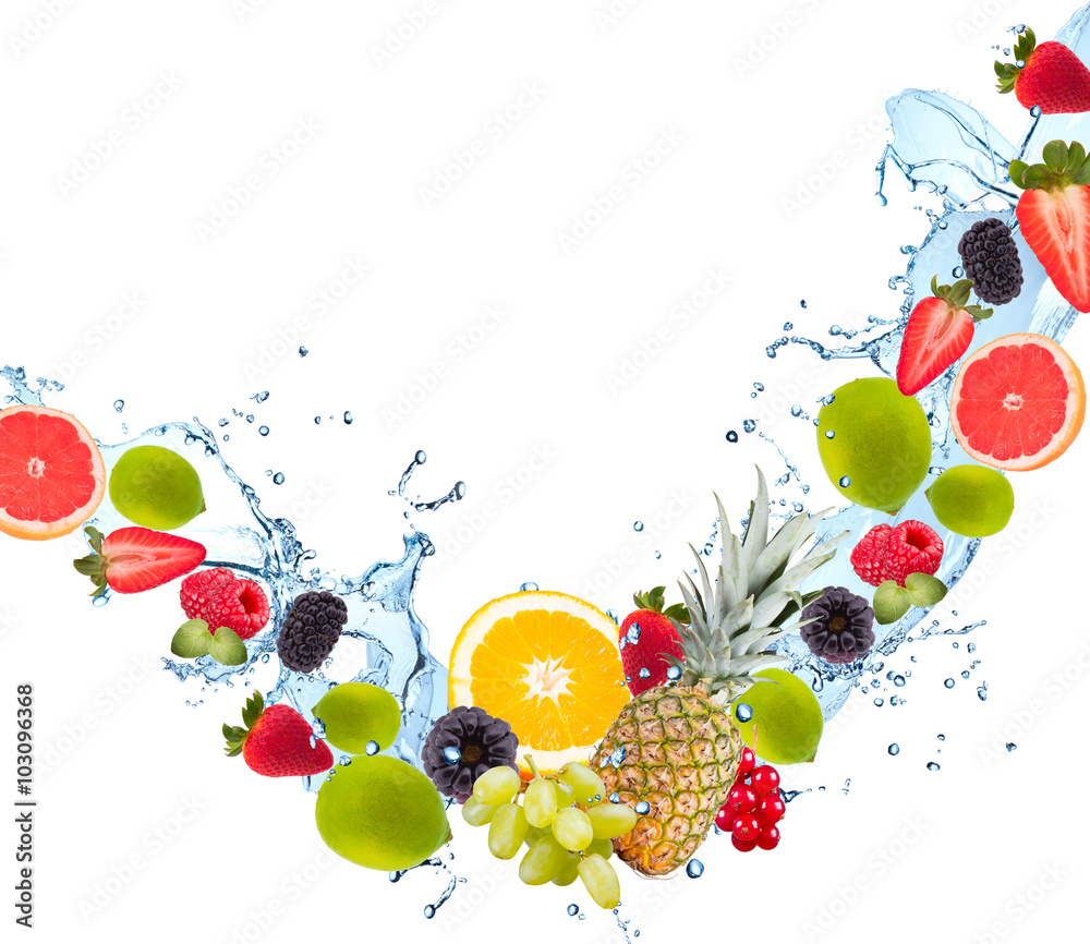 Fresh fruits falling in water splash, isolated on white background ...