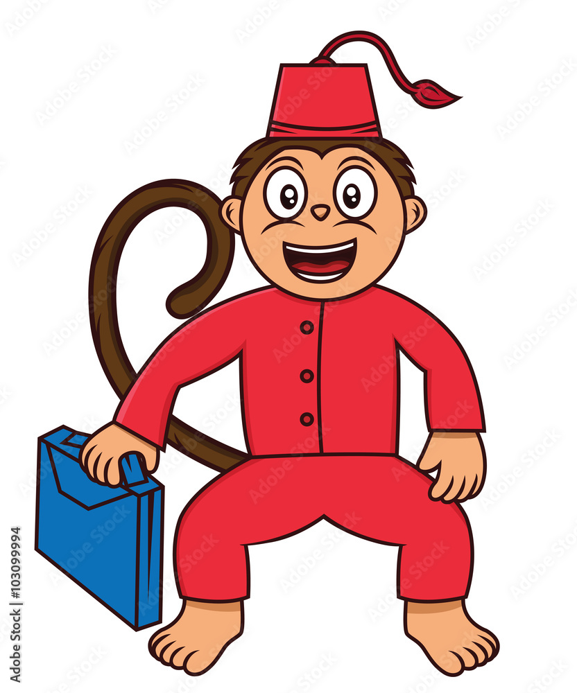 Vetor de Cartoon illustration of a funny monkey working as a bellboy do ...