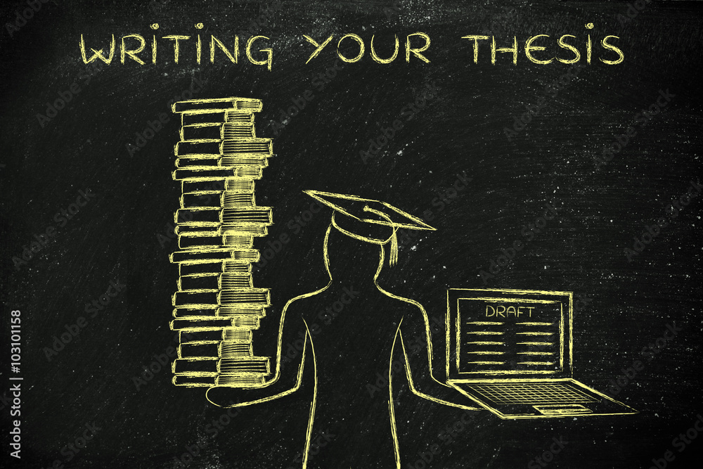 Writing your thesis, graduate holding books and laptop with draf Stock ...