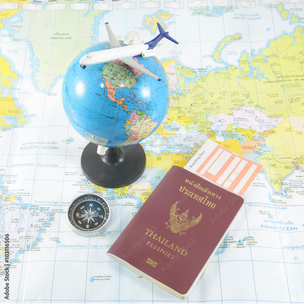 passport ,compass, airplane and orb on world map ,journey concept Stock ...