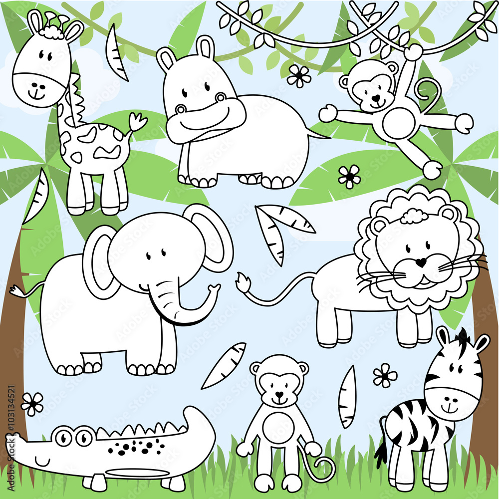 Vector Collection of Cartoon Zoo Animals in Line Art Stock Vector ...