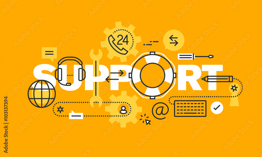 Thin line flat design banner for support web page, online help ...