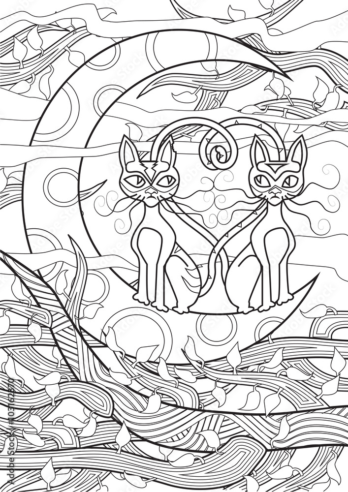 Adult Coloring book – illustration. Tattoo set: Cats. Vector ...