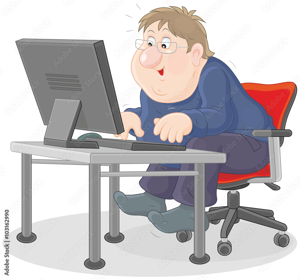 Man sitting at his desk in front of a computer monitor and typing on a ...