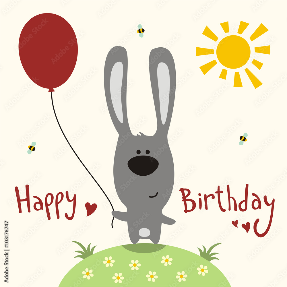 Happy birthday card, vector funny rabbit with balloon, handwritten text ...